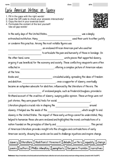 Worksheet with the topic "Early American Writings on Slavery ...