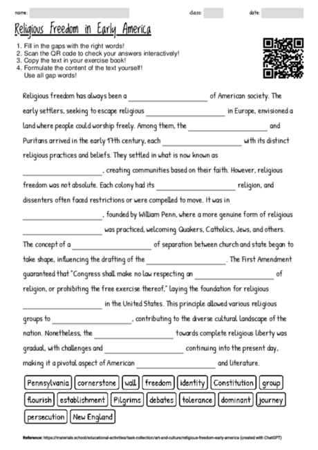 Worksheet with the topic "Religious Freedom in Early America ...