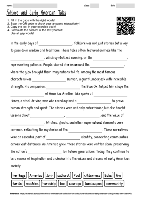 Worksheet with the topic "Folklore and Early American Tales ...