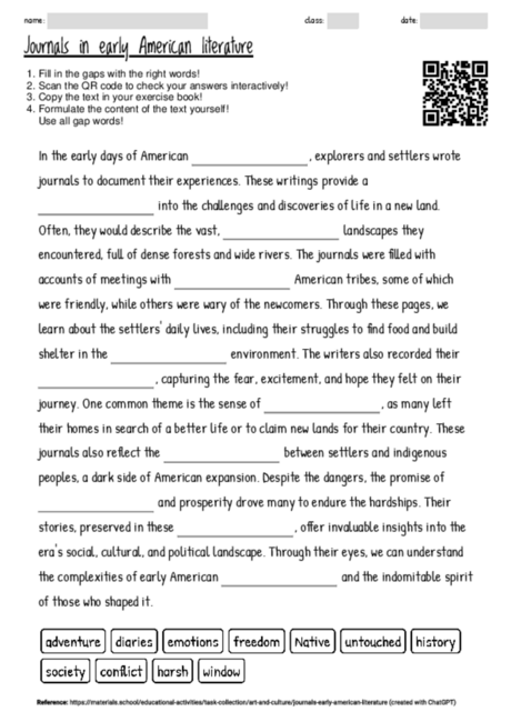 Worksheet with the topic "Journals in early American literature ...