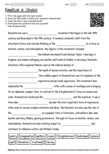 Worksheet with the topic "Romanticism in Literature" | MATERIALS.SCHOOL