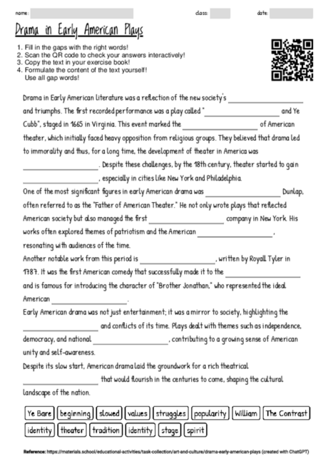 Worksheet with the topic "Drama in Early American Plays" | MATERIALS.SCHOOL