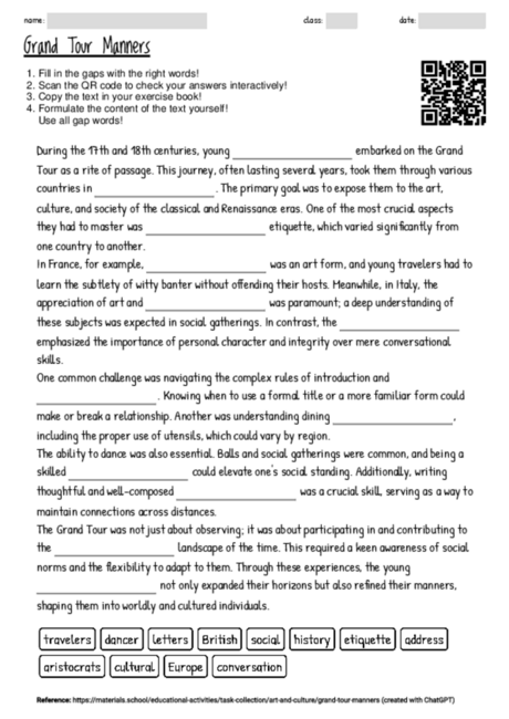 Worksheet with the topic "Grand Tour Manners" | MATERIALS.SCHOOL