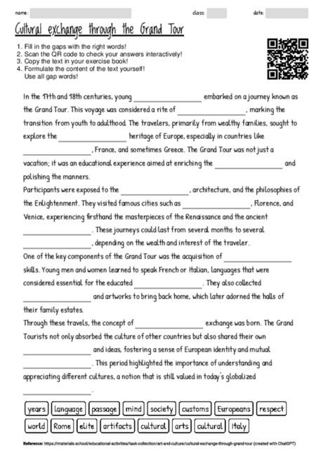 Worksheet with the topic "Cultural exchange through the Grand Tour ...