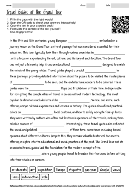 Worksheet with the topic "Travel Guides of the Grand Tour" | MATERIALS ...