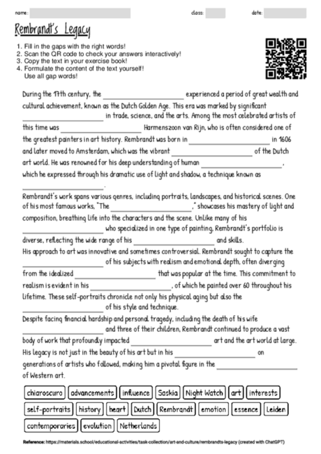 Worksheet with the topic "Rembrandt’s Legacy" | MATERIALS.SCHOOL