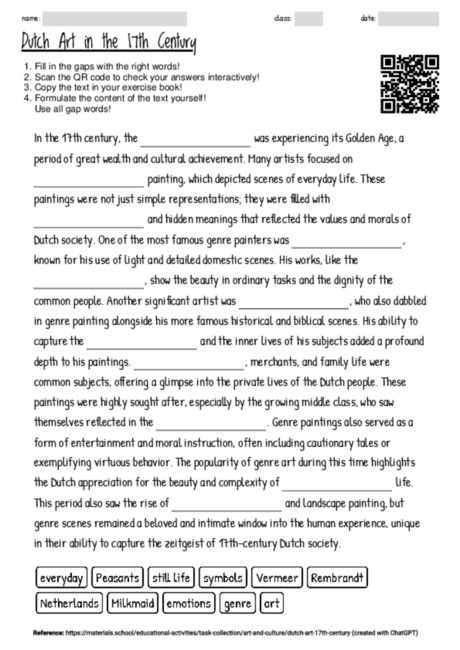 Worksheet with the topic "Dutch Art in the 17th Century" | MATERIALS.SCHOOL