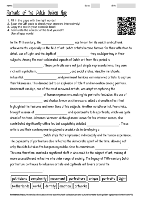 Worksheet with the topic "Portraits of the Dutch Golden Age ...