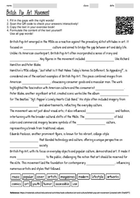 Worksheet with the topic "British Pop Art Movement" | MATERIALS.SCHOOL