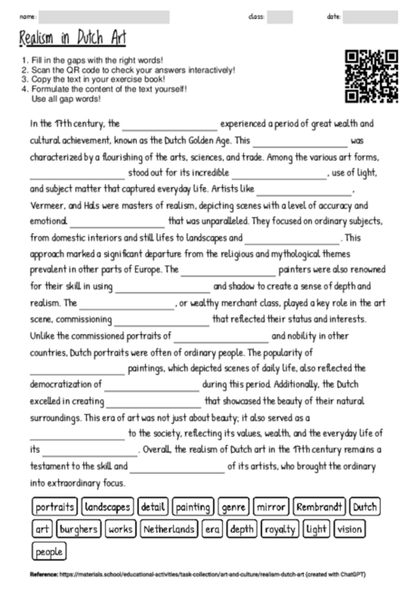Worksheet with the topic "Realism in Dutch Art" | MATERIALS.SCHOOL