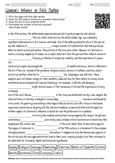 Worksheet with the topic "Calvinism's Influence on Dutch Painting ...
