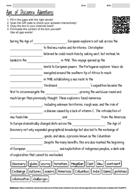 Worksheet with the topic "Age of Discovery Adventures" | MATERIALS.SCHOOL