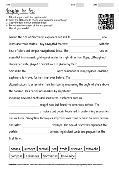 Worksheet with the topic "Navigating the Seas" | MATERIALS.SCHOOL