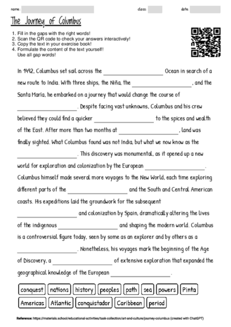 Worksheet with the topic "The Journey of Columbus" | MATERIALS.SCHOOL