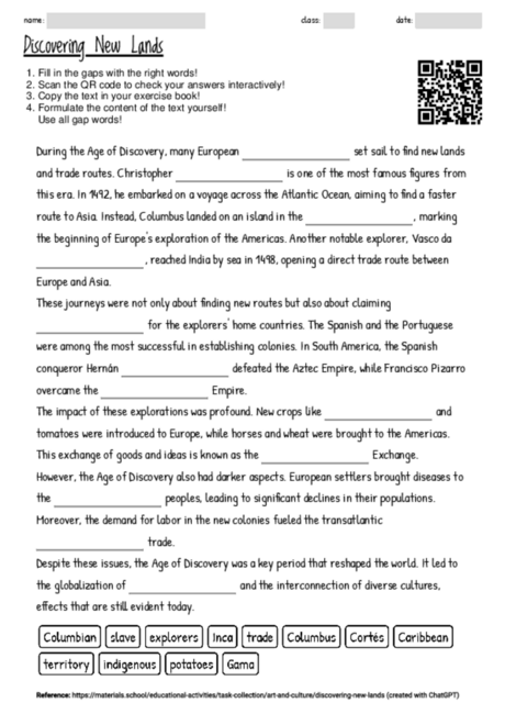 Worksheet with the topic "Discovering New Lands" | MATERIALS.SCHOOL