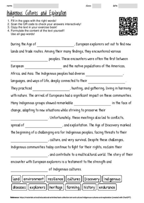 Worksheet with the topic "Indigenous Cultures and Exploration ...