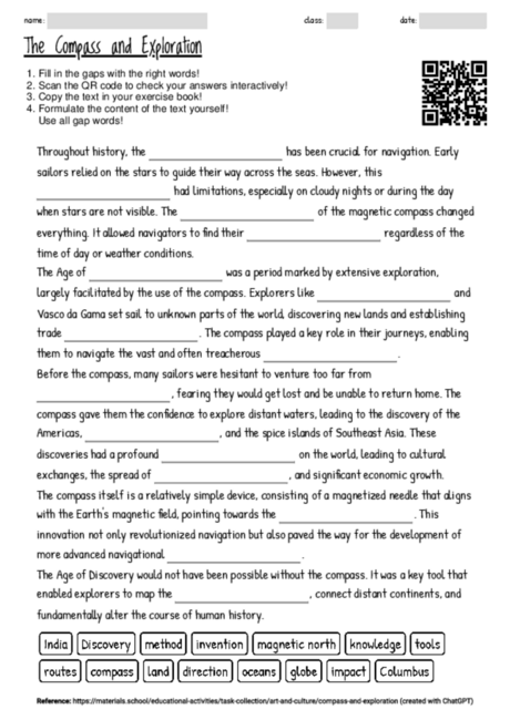 Worksheet with the topic "The Compass and Exploration" | MATERIALS.SCHOOL