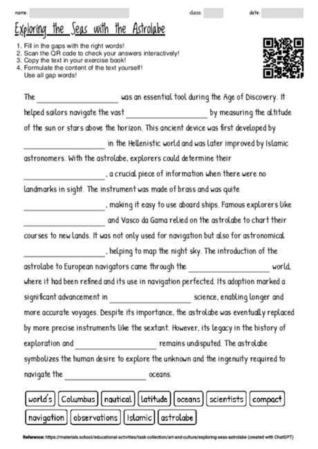 Worksheet with the topic "Exploring the Seas with the Astrolabe ...