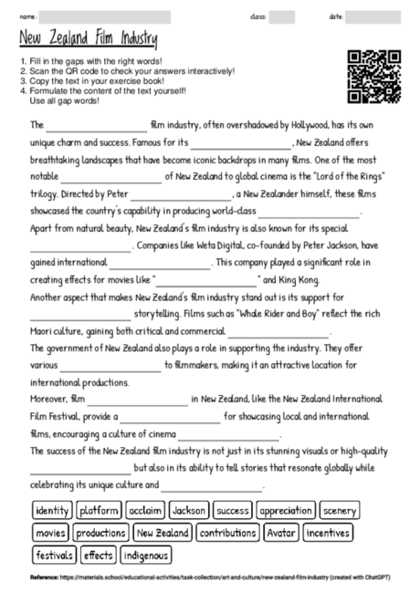 Worksheet with the topic "New Zealand Film Industry" | MATERIALS.SCHOOL