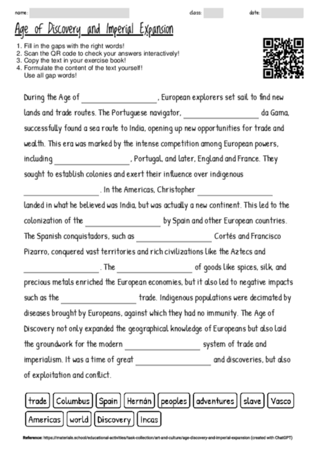 Worksheet with the topic "Age of Discovery and Imperial Expansion ...