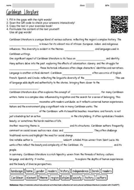 Worksheet with the topic "Caribbean Literature" | MATERIALS.SCHOOL