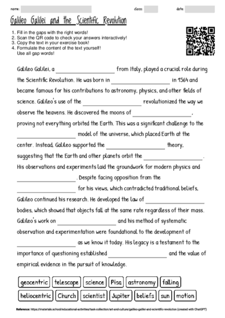 Worksheet with the topic "Galileo Galilei and the Scientific Revolution ...