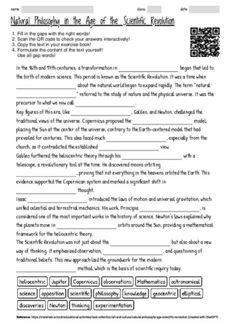 Worksheet with the topic "Natural Philosophy in the Age of the ...