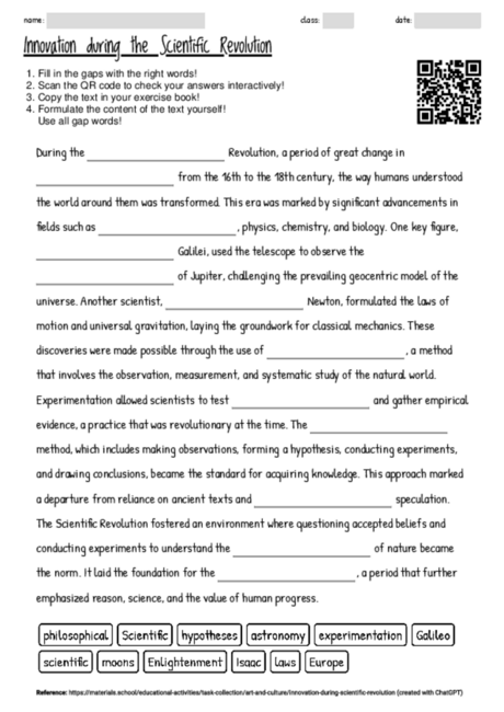 Worksheet with the topic "Innovation during the Scientific Revolution ...