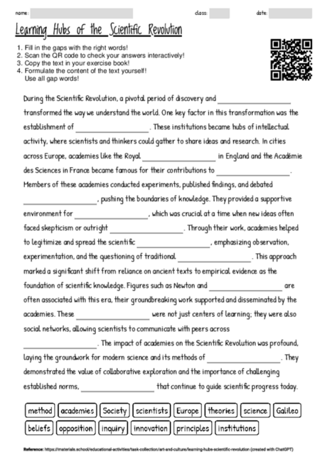 Worksheet with the topic "Learning Hubs of the Scientific Revolution ...