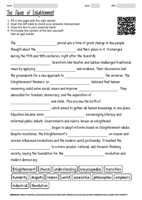 Worksheet with the topic "The Dawn of Enlightenment" | MATERIALS.SCHOOL