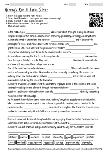 Worksheet with the topic "Alchemy's Role in Early Science" | MATERIALS ...