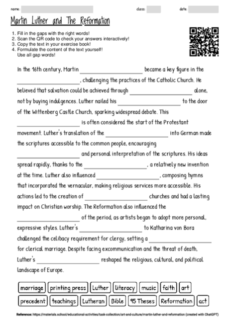 Worksheet with the topic "Martin Luther and The Reformation ...