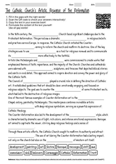 Worksheet with the topic "The Catholic Church's Artistic Response of ...