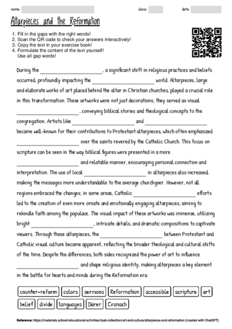 Worksheet with the topic "Altarpieces and the Reformation" | MATERIALS ...