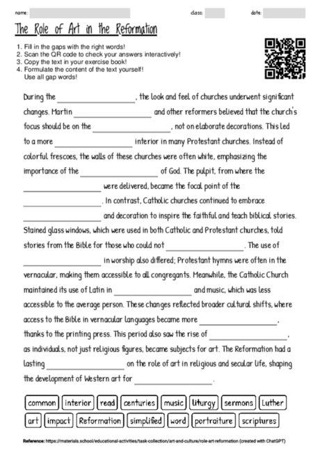 Worksheet with the topic "The Role of Art in the Reformation ...