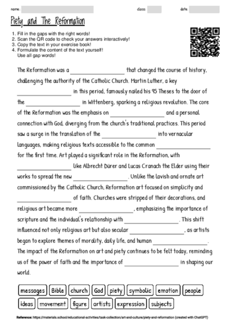 Worksheet with the topic "Piety and The Reformation" | MATERIALS.SCHOOL