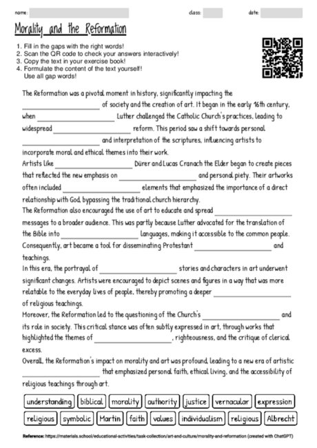 Worksheet with the topic "Morality and the Reformation" | MATERIALS.SCHOOL