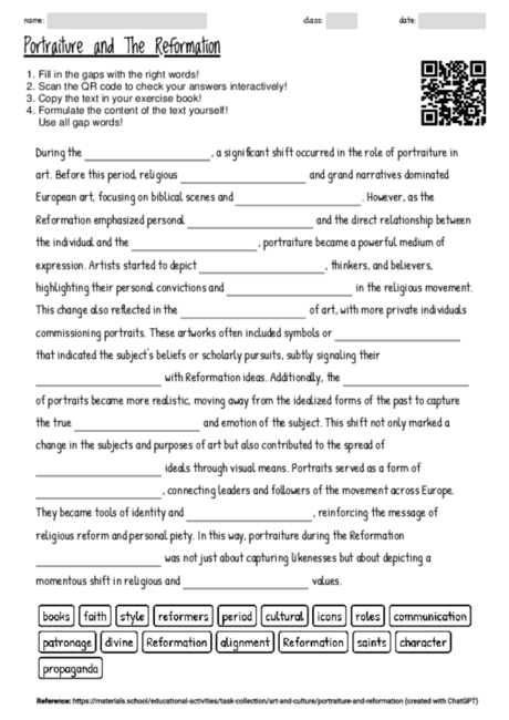 Worksheet with the topic "Portraiture and The Reformation" | MATERIALS ...