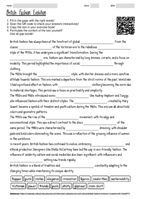 Worksheet with the topic "British Fashion Evolution" | MATERIALS.SCHOOL
