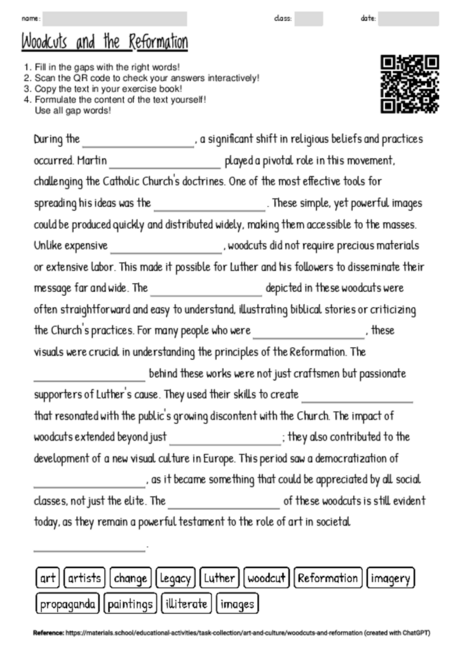 Worksheet with the topic "Woodcuts and the Reformation" | MATERIALS.SCHOOL