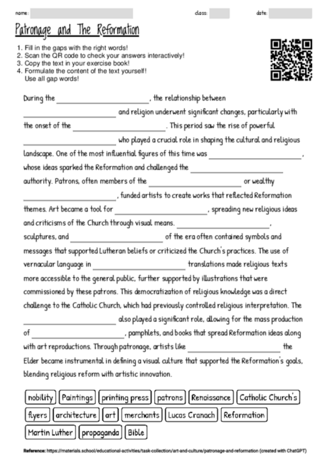 Worksheet with the topic "Patronage and The Reformation" | MATERIALS.SCHOOL