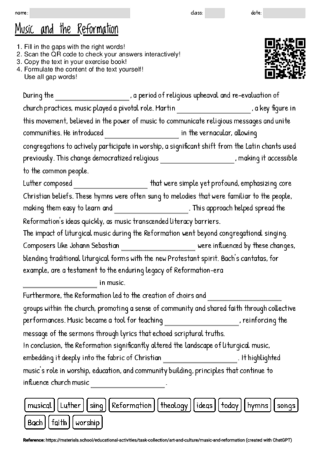 Worksheet with the topic "Music and the Reformation" | MATERIALS.SCHOOL
