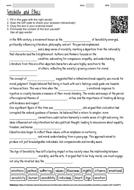 Worksheet with the topic "Sensibility and Ethics" | MATERIALS.SCHOOL