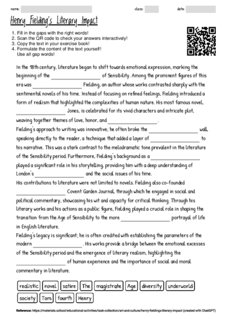 Worksheet with the topic "Henry Fielding's Literary Impact" | MATERIALS ...