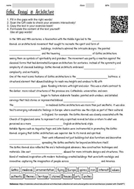 Worksheet with the topic "Gothic Revival in Architecture" | MATERIALS ...