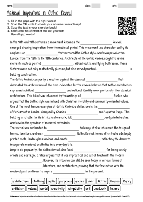 Worksheet with the topic "Medieval Inspirations in Gothic Revival ...