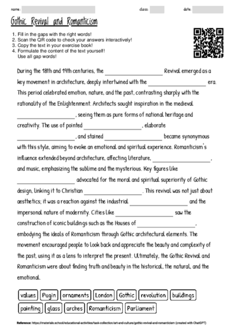 Worksheet with the topic "Gothic Revival and Romanticism" | MATERIALS ...