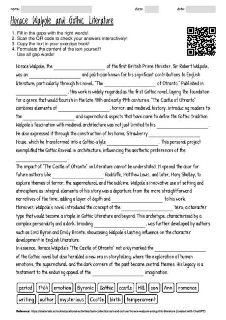 Worksheet with the topic "Horace Walpole and Gothic Literature ...