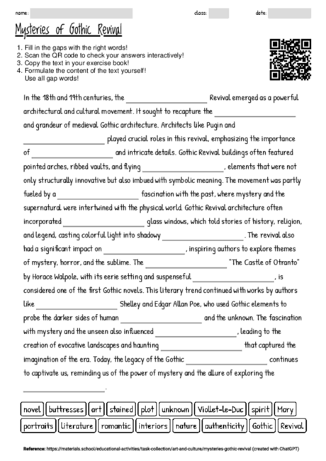 Worksheet with the topic "Mysteries of Gothic Revival" | MATERIALS.SCHOOL