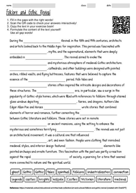 Worksheet with the topic "Folklore and Gothic Revival" | MATERIALS.SCHOOL